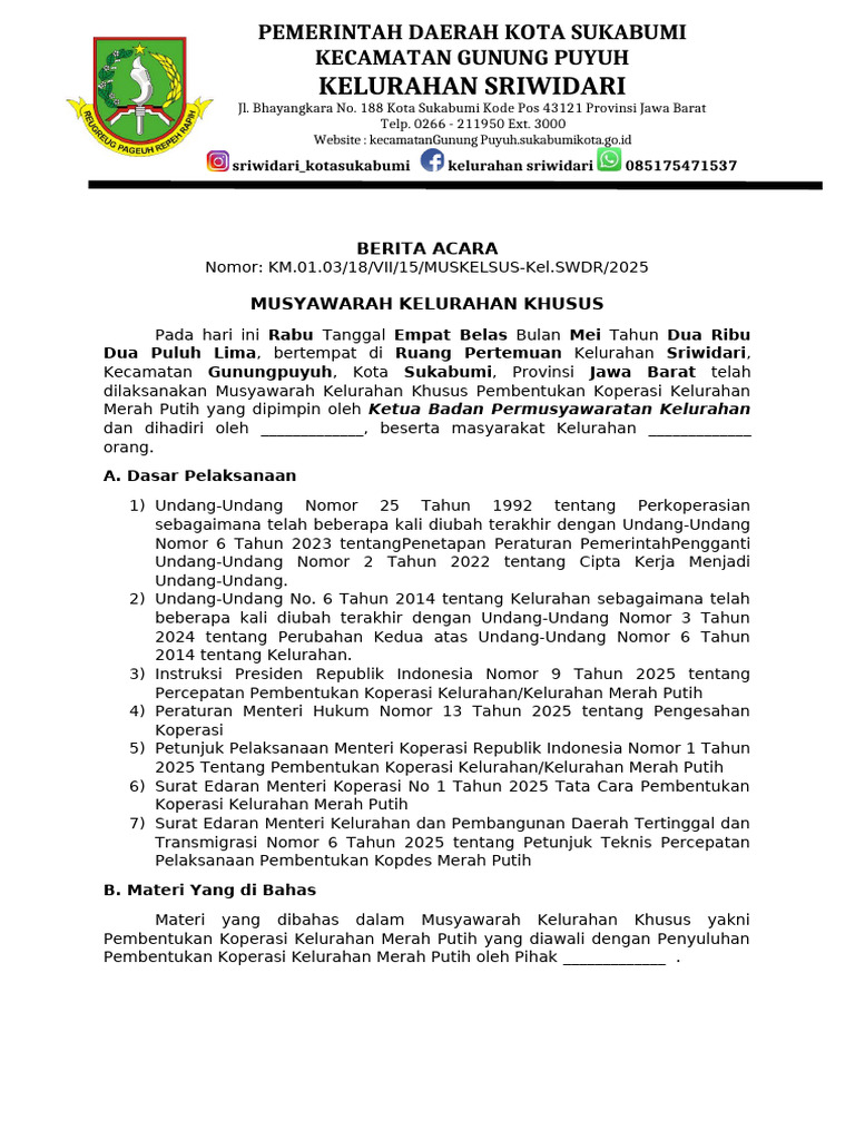 Template Pendaftaran Berita Acara Musdessus | PDF