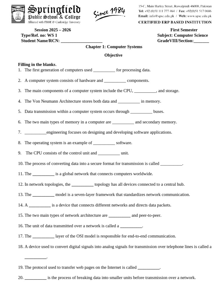 Chapter NO 01 Garde 8 Work Sheet No 1 | PDF