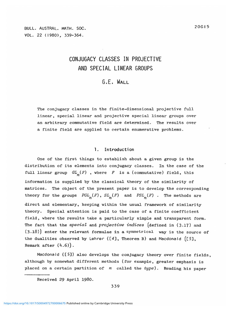 (1980) G.E.Wall - Conjugacy Classes in Projective and Special Linear Groups | PDF | Field ...