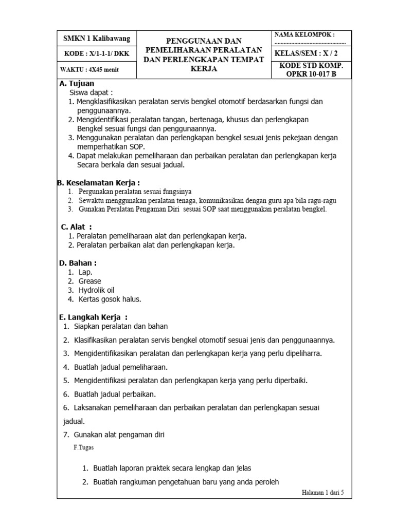 Job Sheet Perawatan dan Perbaikan Alat | PDF