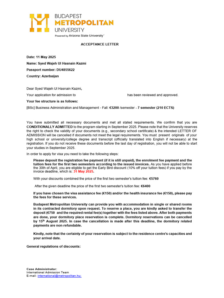 Wajeh Ul Hasnain Metropolitan ACCEPTANCE LETTER | PDF | Travel Visa | Fee