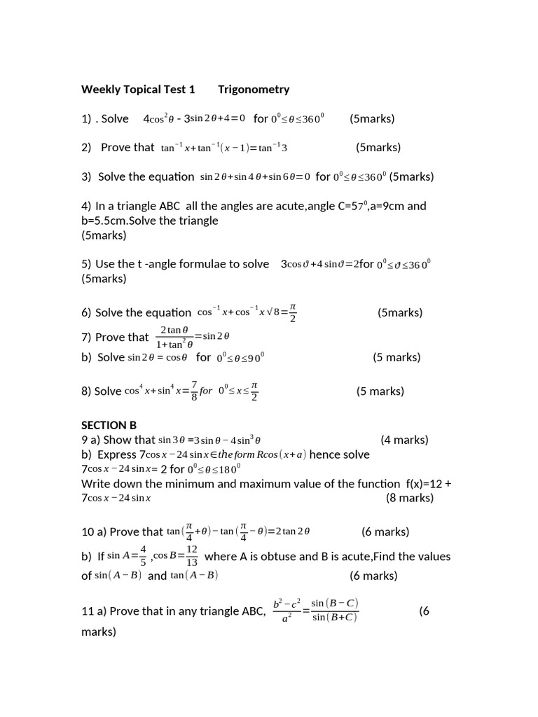 Trigonometry and Integration Weekly Test | PDF | Trigonometry ...
