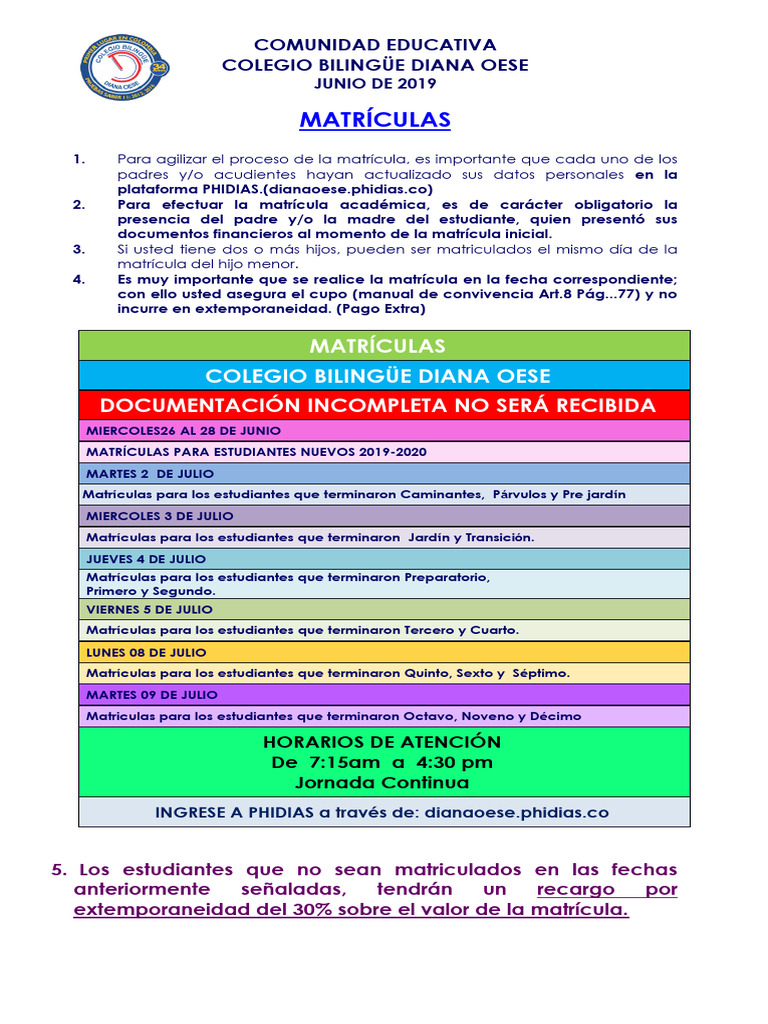 Costos Matricula 2019-2020 Junio 19 de 2019 | PDF