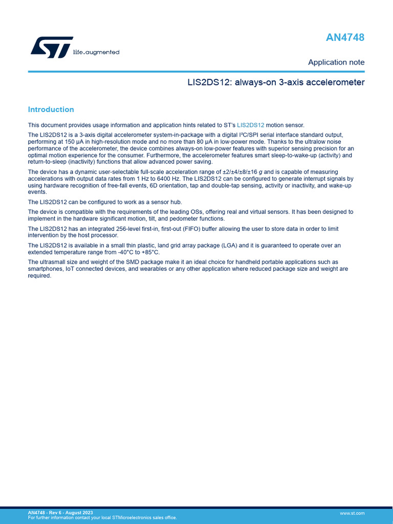 An4748 Lis2ds12 Alwayson 3axis Accelerometer Stmicroelectronics | PDF | Sampling (Signal ...