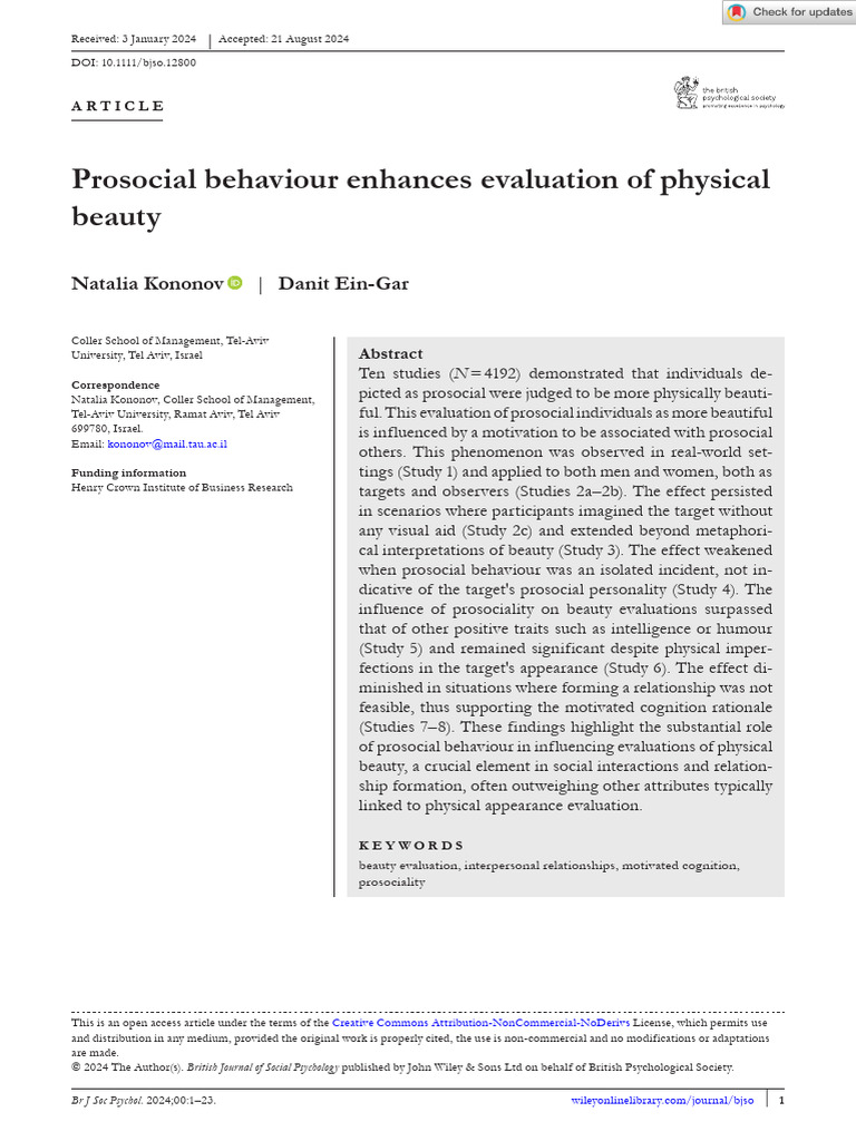 Kononov - Prosocial Behaviour Enhances Evaluation of Physical Beauty ...