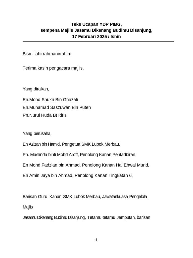 Teks Ucapan Ydp - Majlis Sulaman Budi | PDF