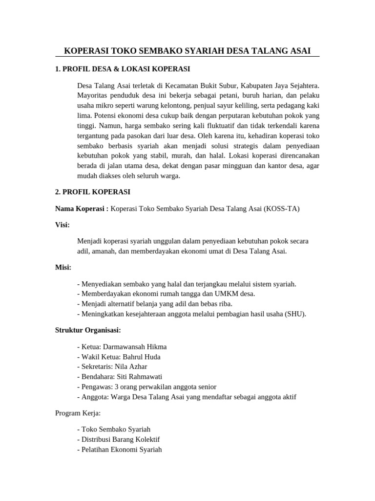 Koperasi Toko Sembako Syariah Desa Talang Asai | PDF