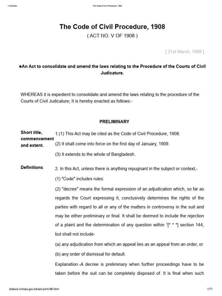 Code of Civil Procedure 1908 Overview | PDF | Lawsuit | Summons