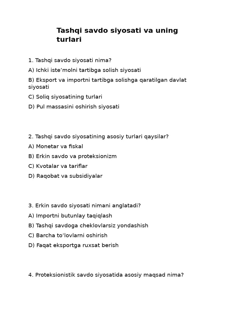 Tashqi Savdo Siyosati | PDF