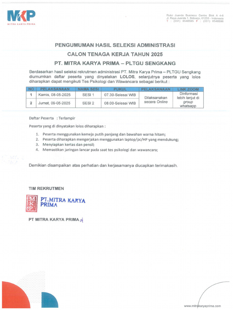 Pengumuman Seleksi Administrasi-Mkp Pltgu Sengkang | PDF