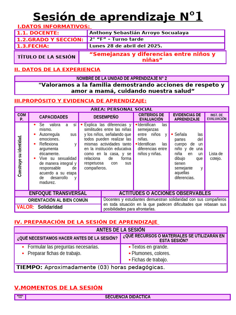 2do_U2_PS_SESION 3_ SEMEJANZAS Y DIFERENCIAS ENTRE NIÑOS Y NIÑAS | PDF | Aprendizaje | Evaluación