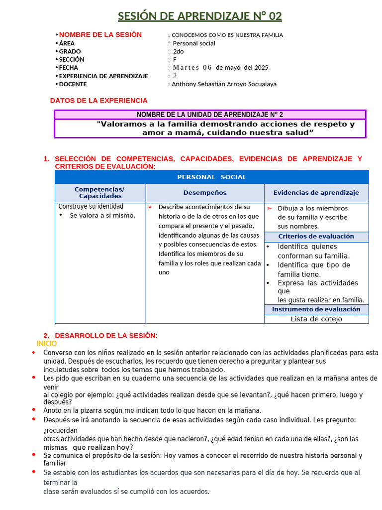2do - U2 - PS - Sesion 04 - Conocemos Como Es Nuestra Familia | PDF | Aprendizaje
