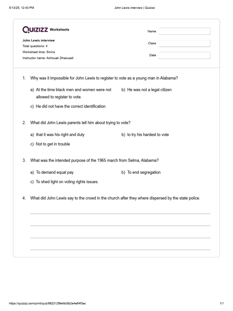 John Lewis Voting Rights Worksheet | PDF