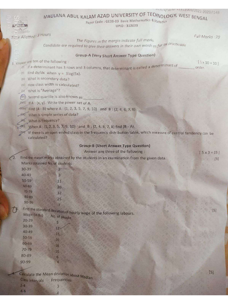 GE 3B-03 - Basics of Mathematics and Statistics - BBA - MAKAUT - 2023 | PDF