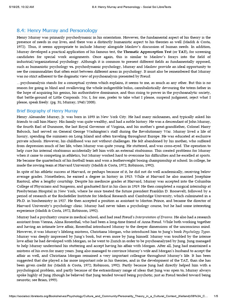 8.4 - Henry Murray and Personology - Social Sci LibreTexts | PDF | Carl ...