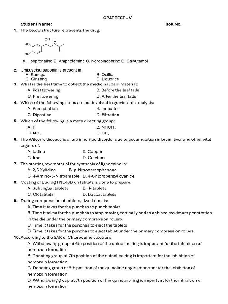 2024 Gpat Question Paper | PDF | Tablet (Pharmacy) | Enzyme Inhibitor