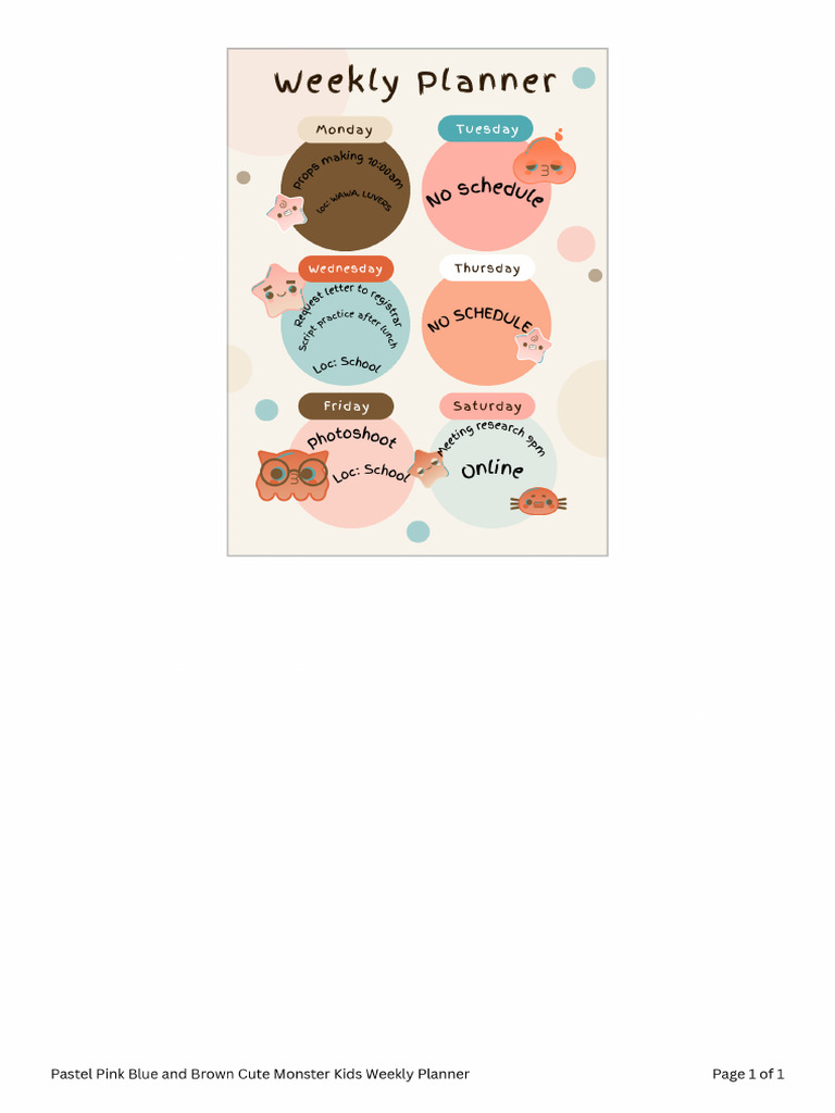 Pastel Pink Blue and Brown Cute Monster Kids Weekly Planner_20240901 ...