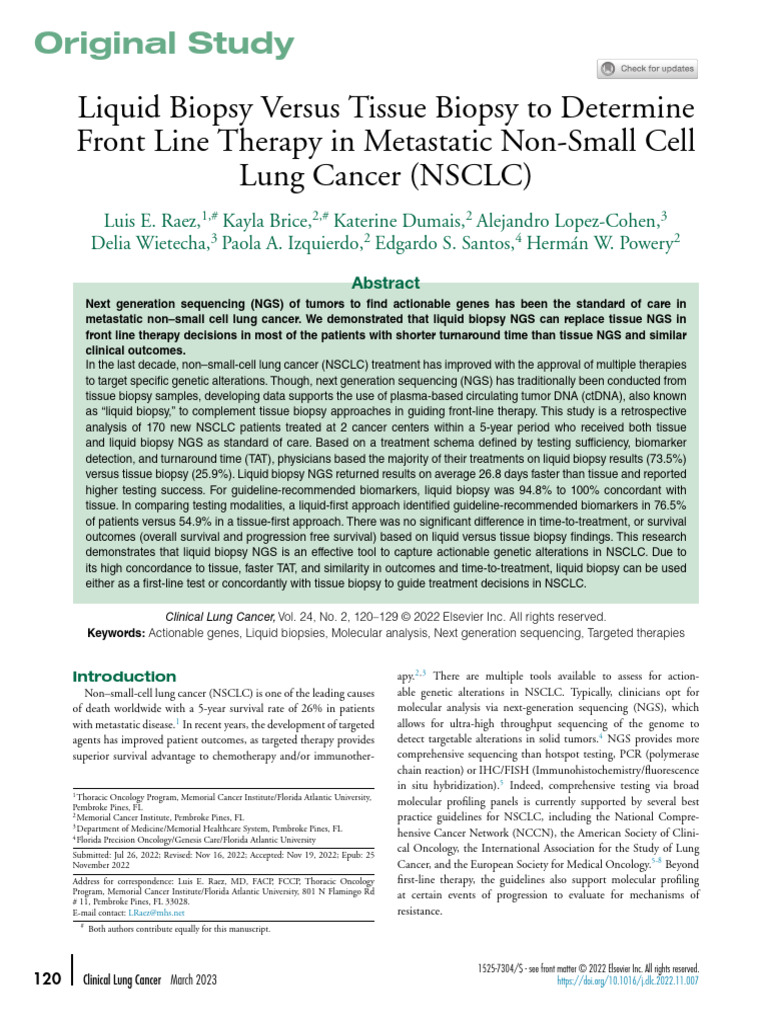 Liquid Biopsy Versus Tissue Biopsy to Determine Front Line Therapy in Metastatic Non-Small Cell ...