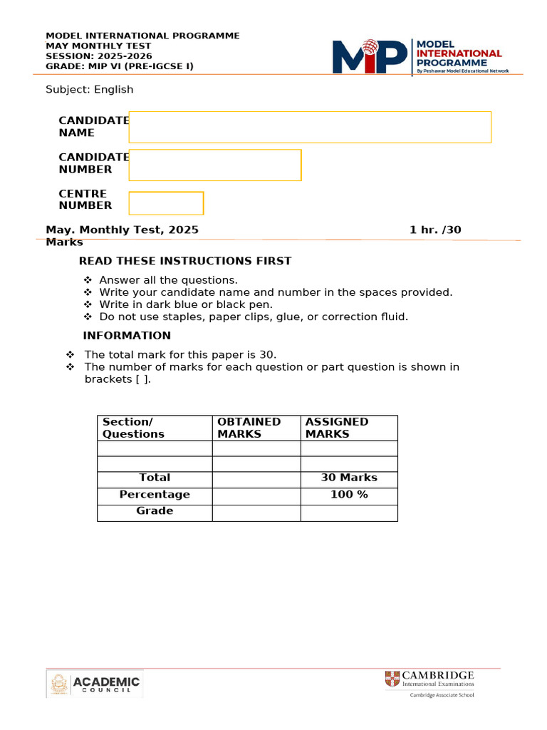 Monthly Test Template | PDF