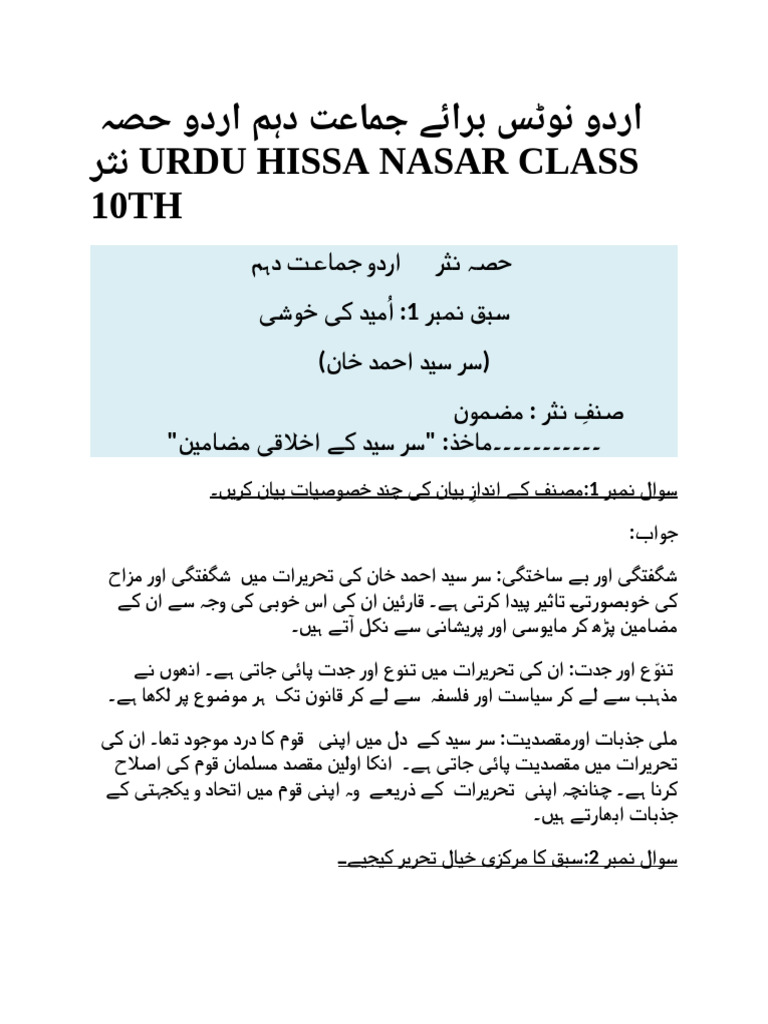 Akueb Class 10 Urdu Notes | PDF