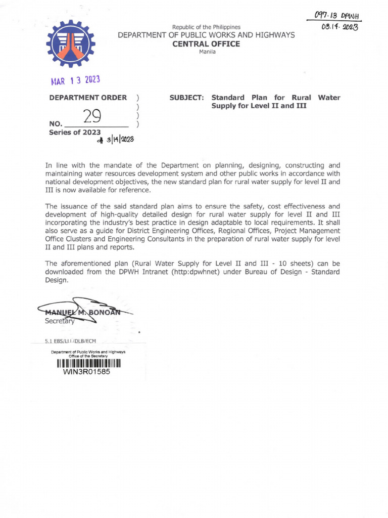 DPWH - DO - 029 - s2023 - Standard Plan For Rural Water Supply For ...