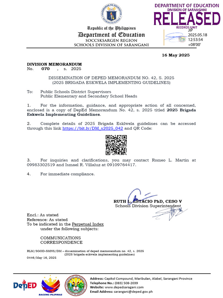 DM 070 2025 Dissemination of Deped Memorandum No. 42 S. 2025 | PDF