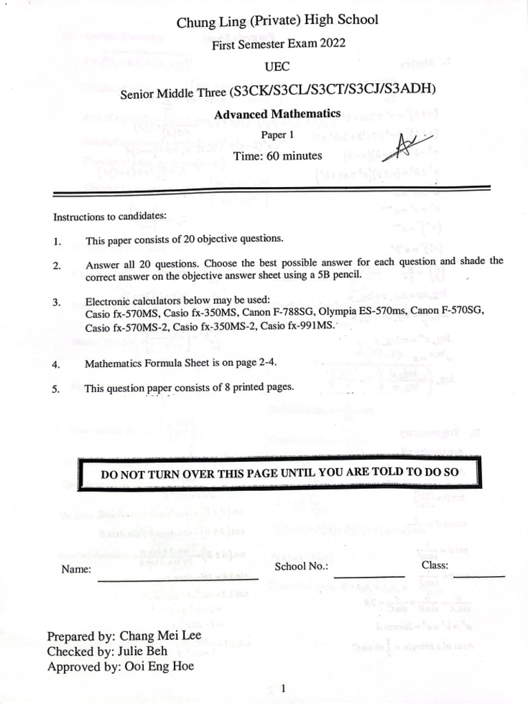 S3 Advanced Maths May 2022 (Answer Steps | PDF