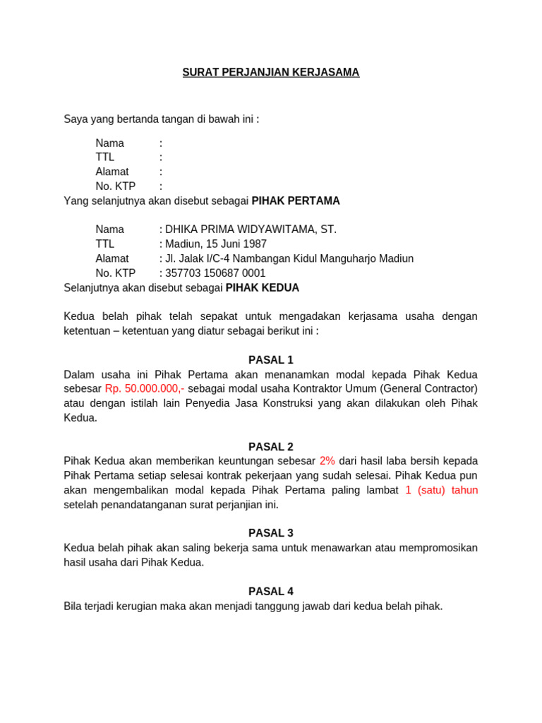 SURAT PERJANJIAN KERJASAMA | PDF