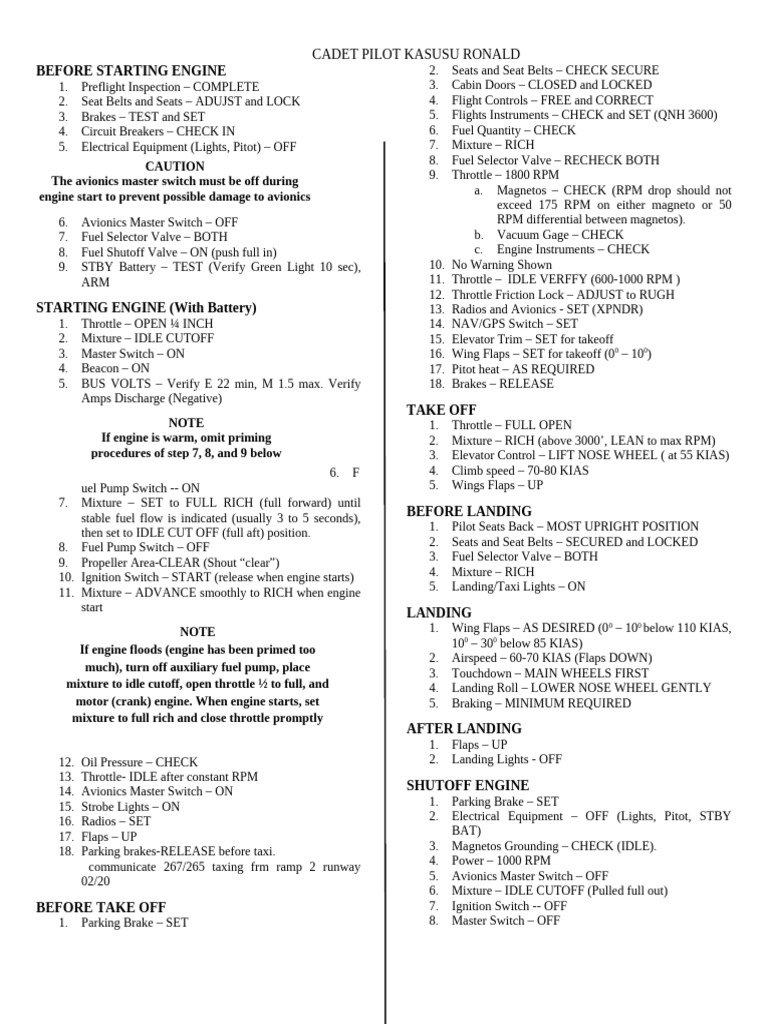 Cadet Pilot Preflight and Flight Checklist | PDF | Throttle | Aircraft