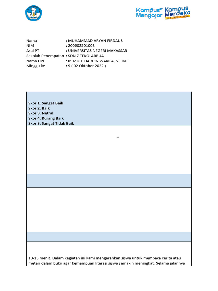 Laporan Minggu Ke 9 Mahasiswa KM 4 | PDF