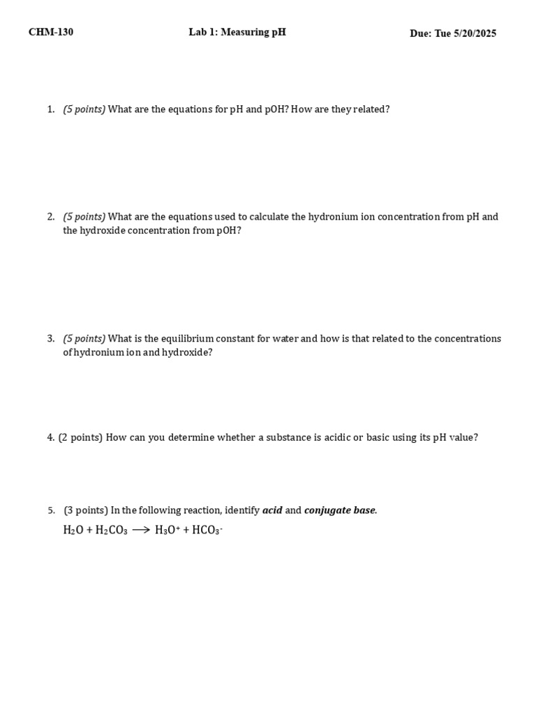 CHM Lab 1 Measuring pH Sp25 copy (2) | PDF | Ph | Chemical Compounds