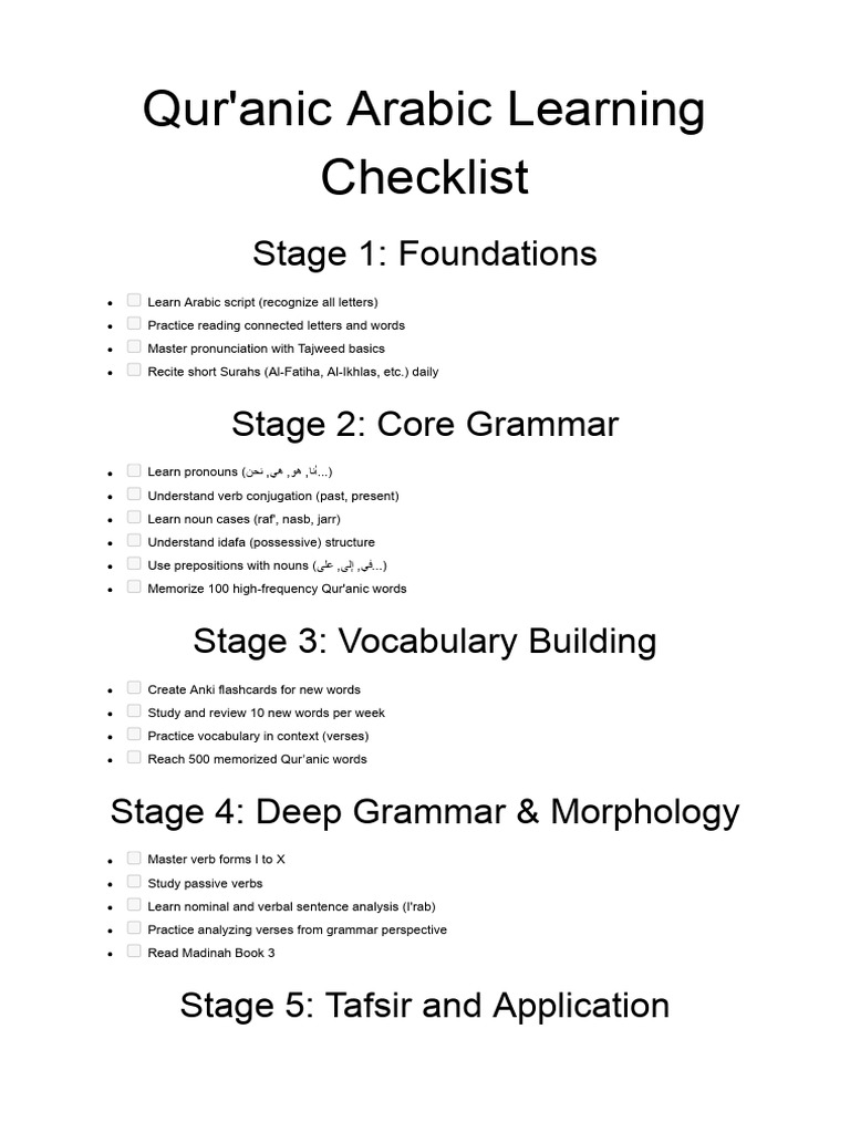 Quranic Arabic Learning Checklist | PDF