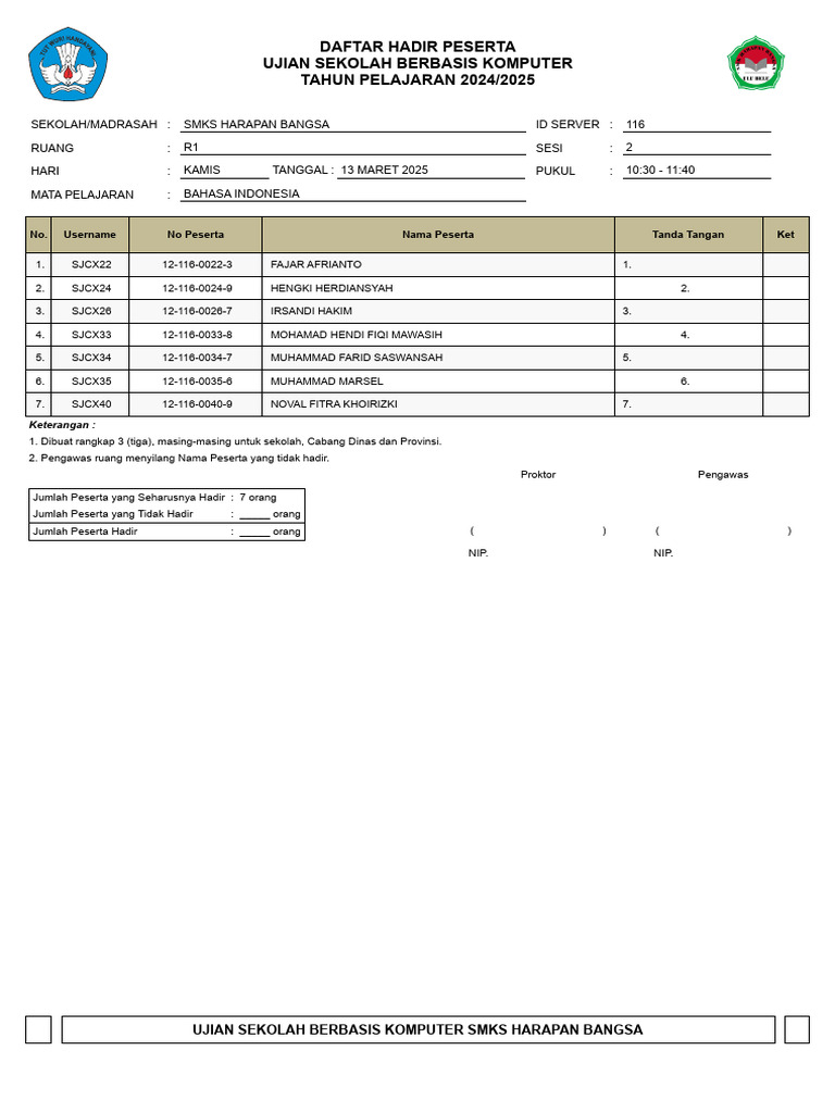 Daftar Hadir Bindo Sesi 2 Tkr | PDF