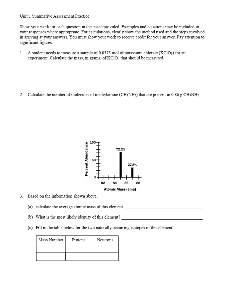Unit 1 Summative Assessment Practice | PDF | Isotope | Chemical Elements