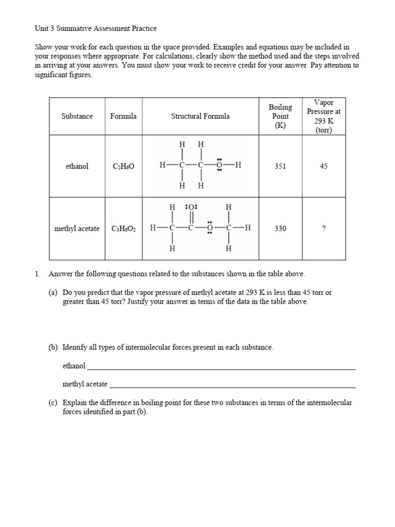 Unit 3 Summative Assessment Practice | PDF | Gases | Molecules