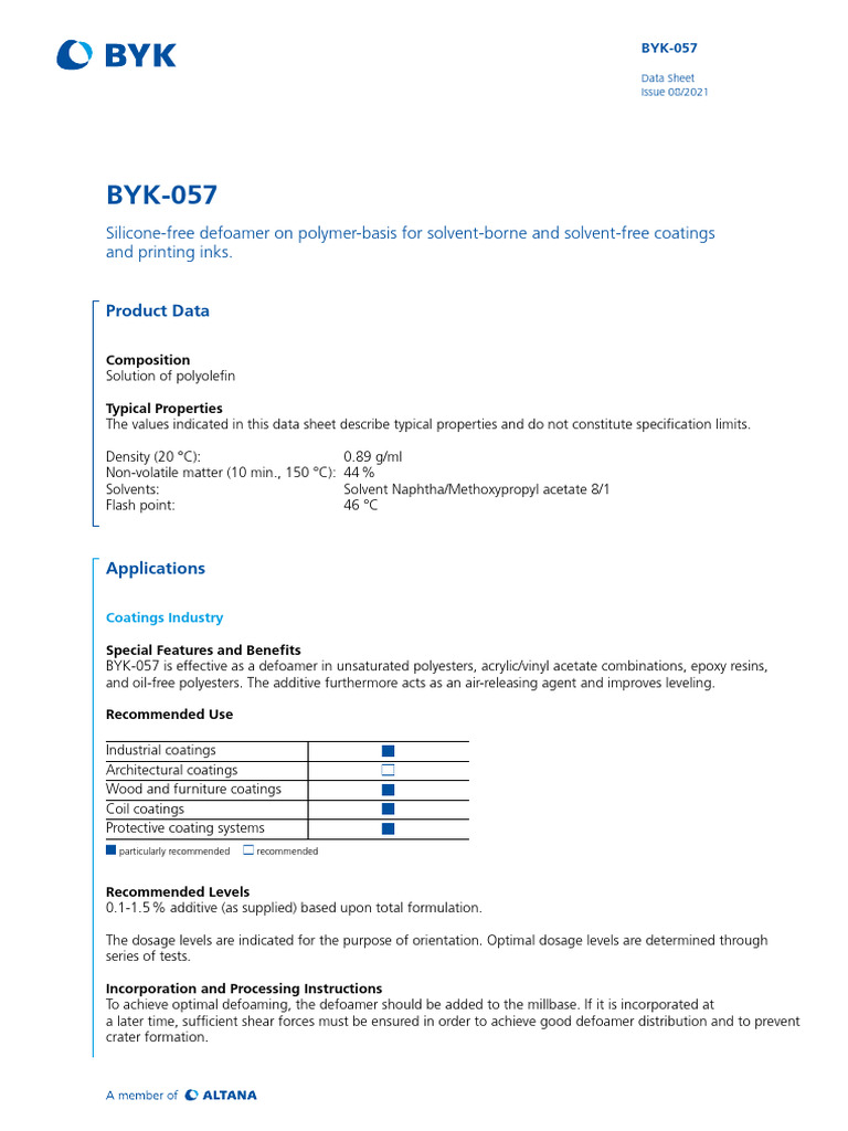 BYK-057 - Defomer SB & SF ( Polyolefin ) for Epoxy & Unsat. Polyester ...