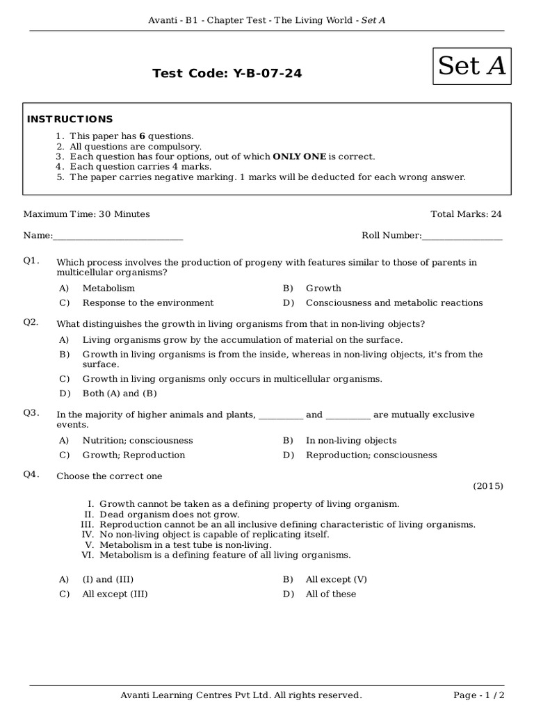 HW -11B1.1 - Characteristics of Living Organisms- NEET - Ques Y-B-07-24_A | PDF | Organisms ...