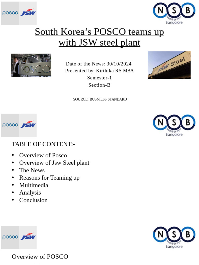 South Korea's POSCO Teams Up With JSW Steel | PDF