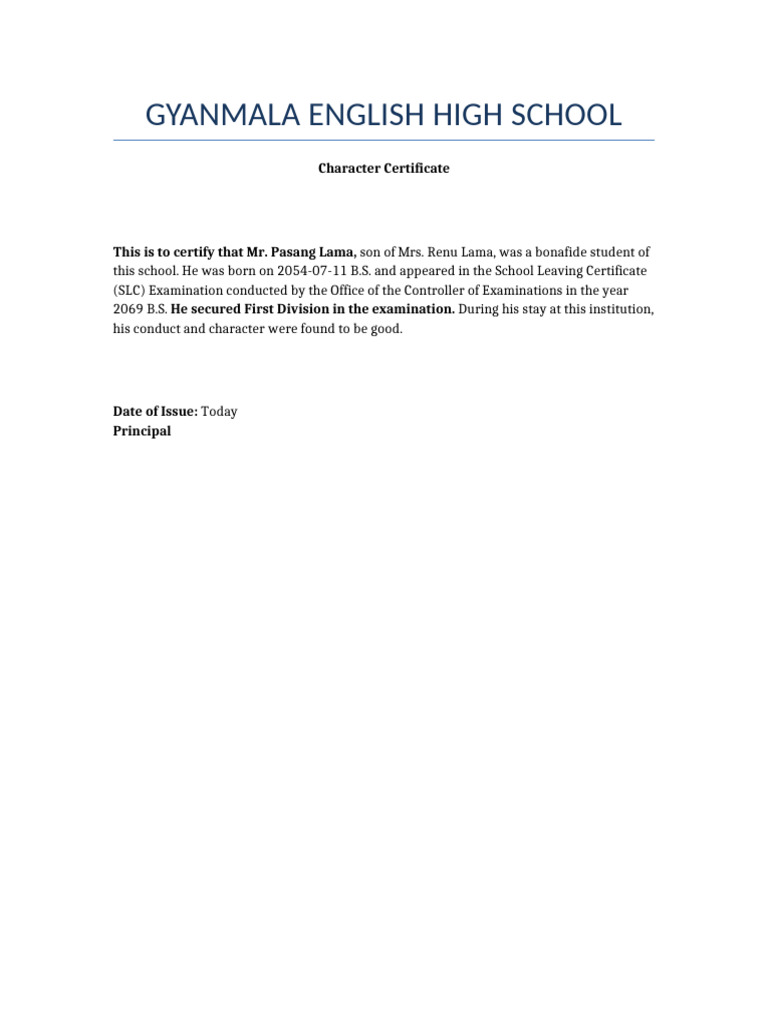 Character Certificate Pasang Lama | PDF
