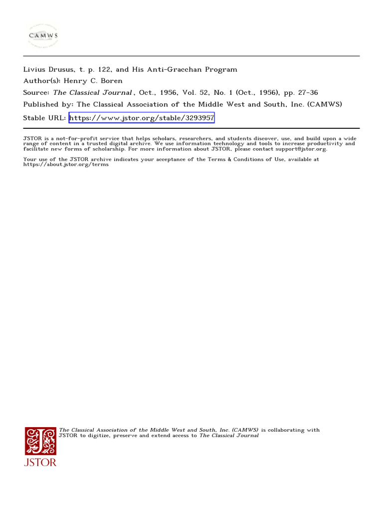 Boren, Livius Drusus and His Anti-Gracchan Program | PDF | Claudius | Ancient Rome