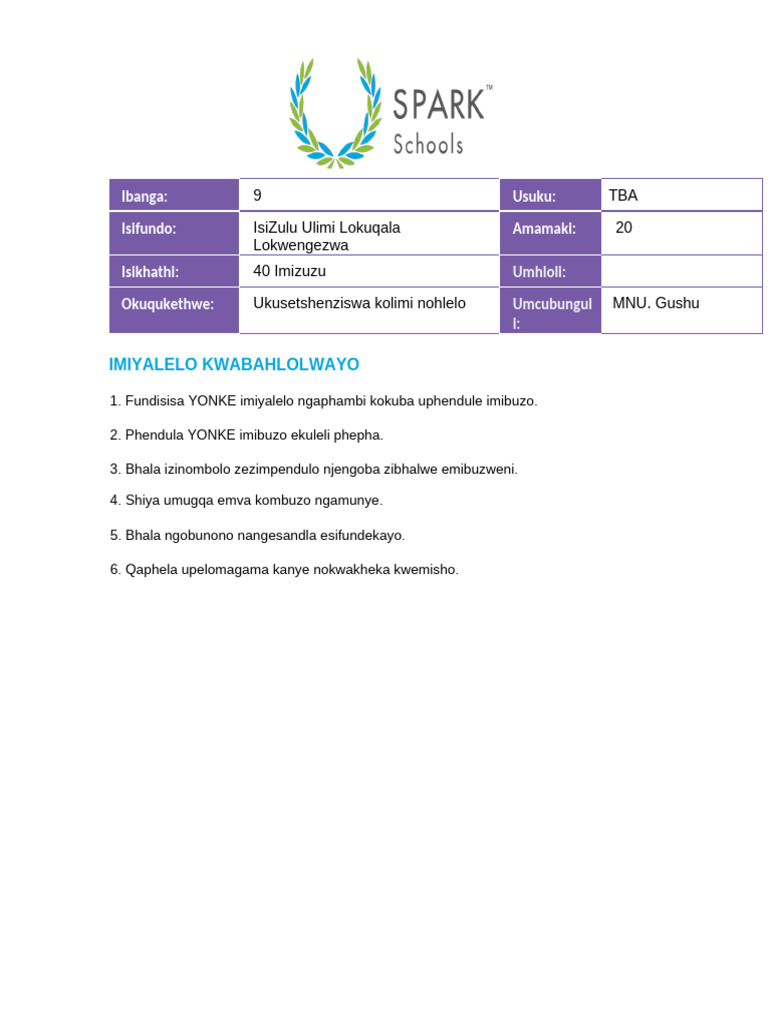 IsiZulu Grade 9 Term 4 Exam Paper | PDF