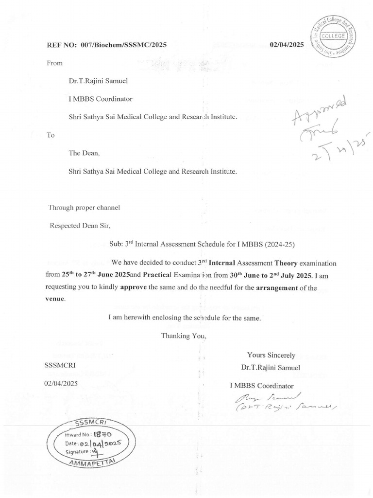 MBBS First Year 2024 Batch Third Internal Assessment Schedule June 2025 ...