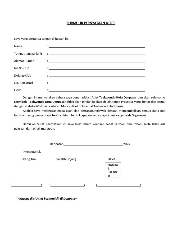 Formulir Pernyataan Atlet | PDF