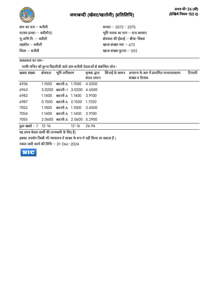 Apnakhata, Land Records of Rajasthan State, Government of Rajasthan | PDF