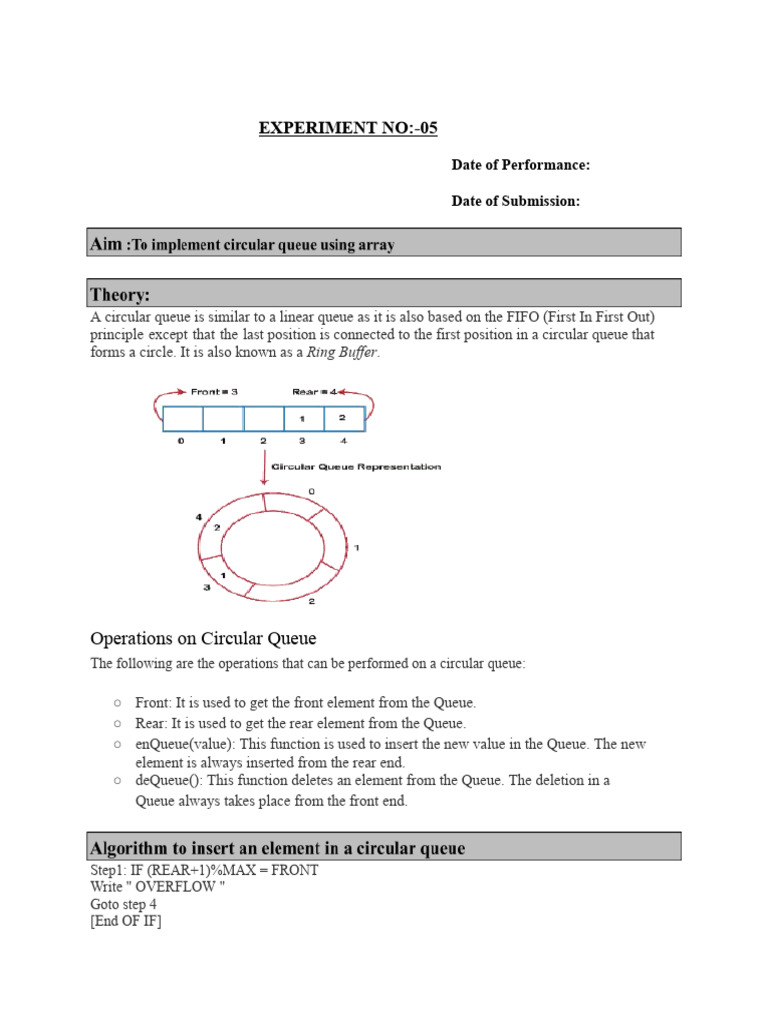 EXPERIMENT NO - 05 - Compressed | PDF | Queue (Abstract Data Type) | Computer Programming