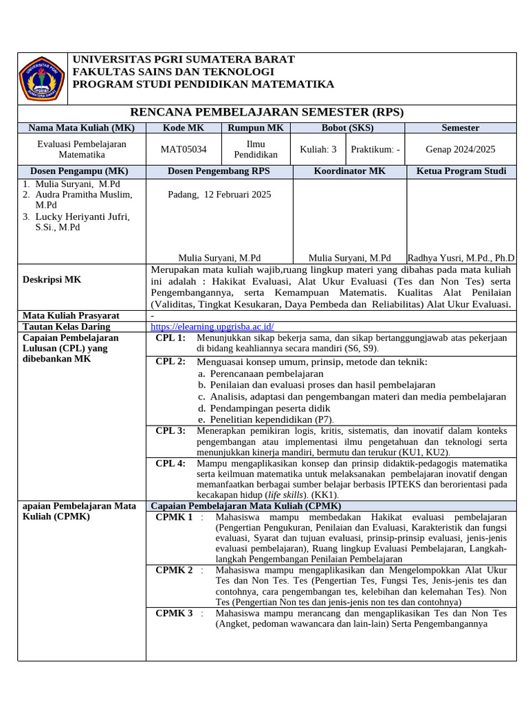 MY - MTK - RPS Evaluasi Pembelajaran Matematika | PDF