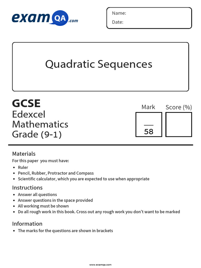GCSE Quadratic Sequences Worksheet | PDF | Elementary Mathematics ...