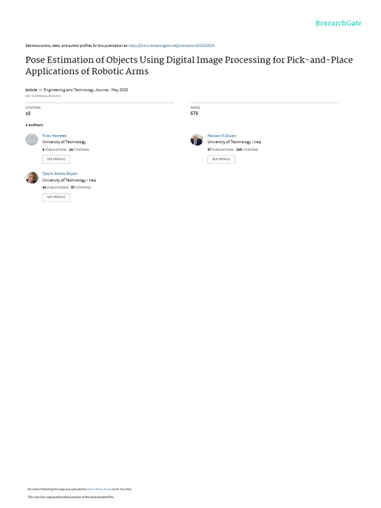 Pose Estimation of Objects Using Digital Image Processing For Pick-and-Place Applications of ...