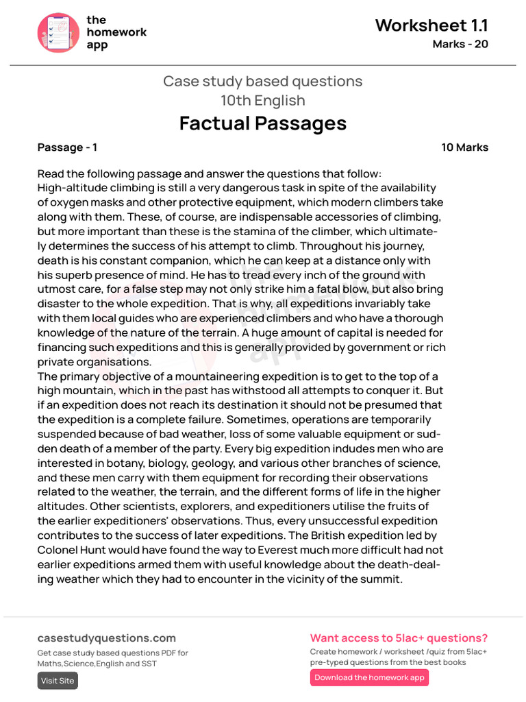(Worksheet 1.1) - (Factual Passages) | PDF | Mountaineering | Mount Everest