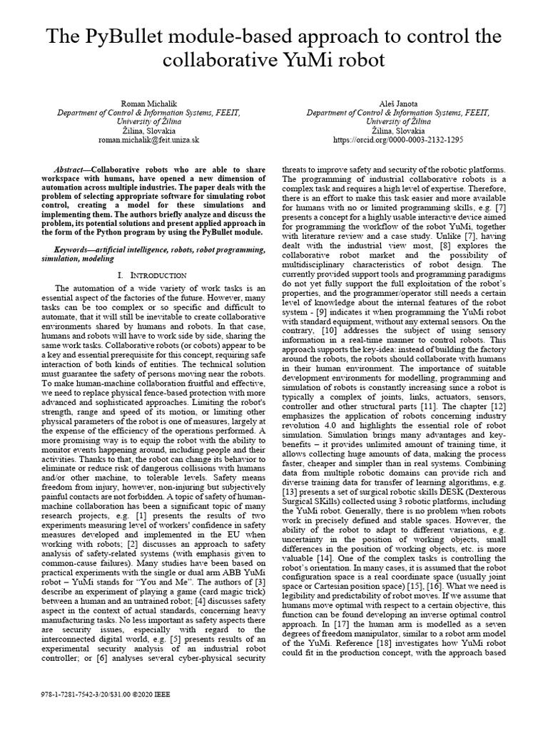 The PyBullet module-based approach to control the collaborative YuMi robot | PDF | Robot | Robotics
